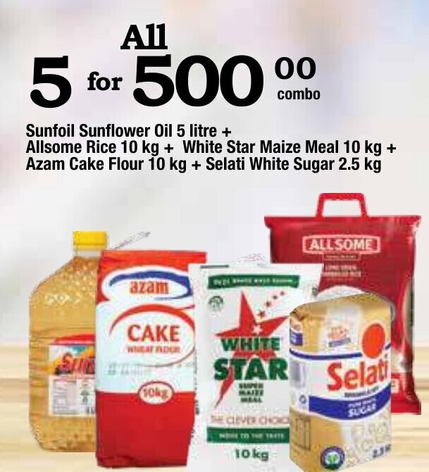 Sunfoil Sunflower Oil 5 Litre + Allsome Rice 10kg + White Star Maize ...