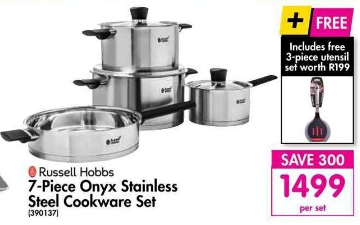 Russell Hobbs 7-Piece Onyx Stainless Steel Cookware Set offer at Makro