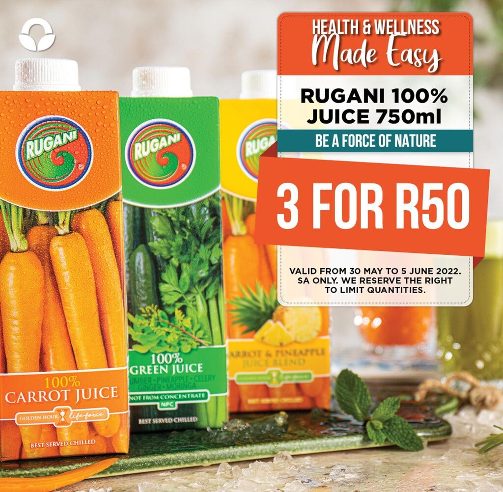 Rugani 100% juice 3 offer at Food Lover's Market