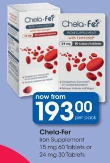 Chela-Fer Iron Supplement 15mg 60 Tablets or 24 mg 30 Tablets offer at ...