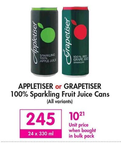Appletiser or Grapetiser 100% Sparkling Fruit Juice Cans 24 x 330 ml ...
