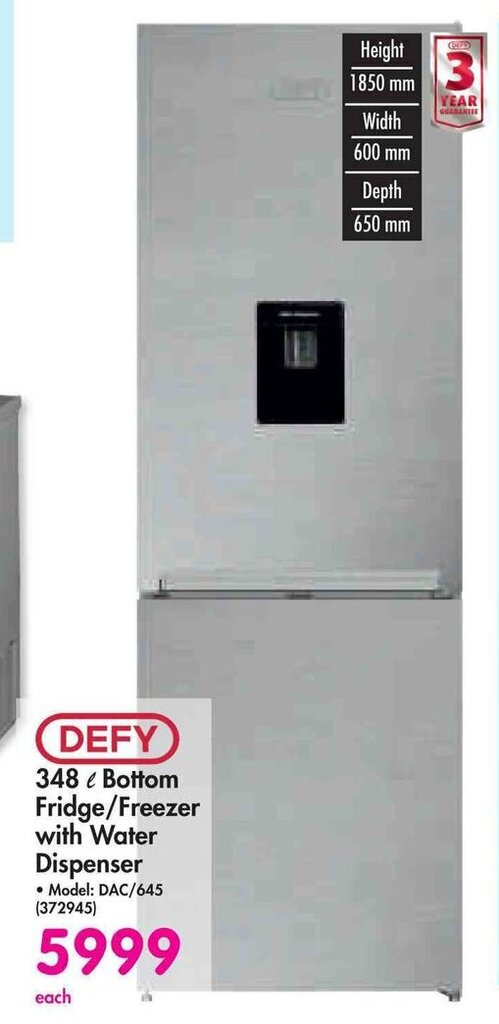 Defy Bottom Fridge/Freezer with Water Dispenser 348L offer at Makro