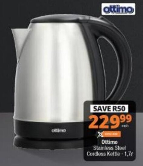 Ottimo Stainless Steel Cordless Kettle 1,7L offer at Checkers Hyper