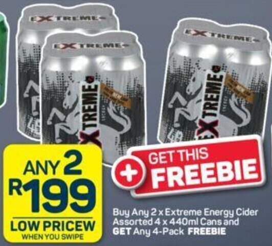 Extreme Energy Cider Assorted 4 x 440 ml cans offer at Pick n Pay